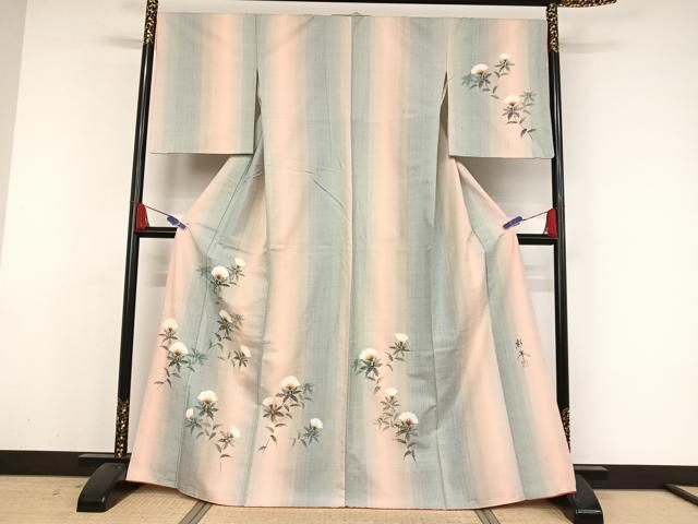 平和屋着物●紅花紬　米沢　訪問着　作家物　彩峯　手描き　草花文　正絹　逸品　AAAZ3121np