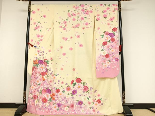 平和屋着物●豪華振袖　刺繍　草花文　暈し染め　金彩　ロング丈　正絹　逸品　AAAZ3133np