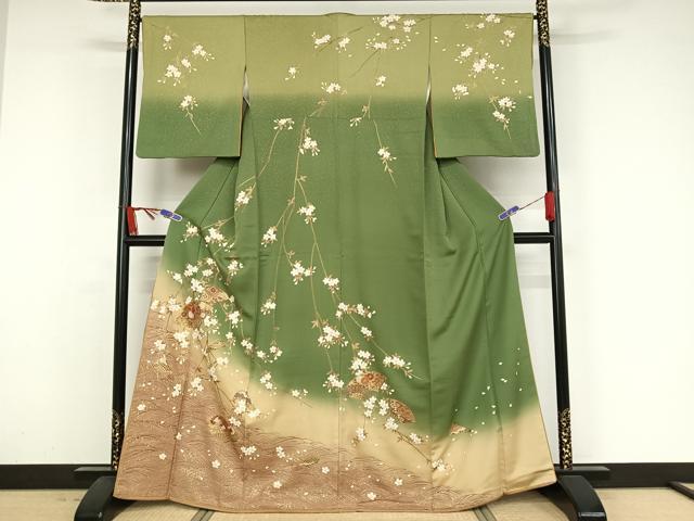 平和屋着物●訪問着　駒刺繍　流水扇花蝶文　暈し染め　金彩　やまと誂製　正絹　逸品　AAAZ3136np