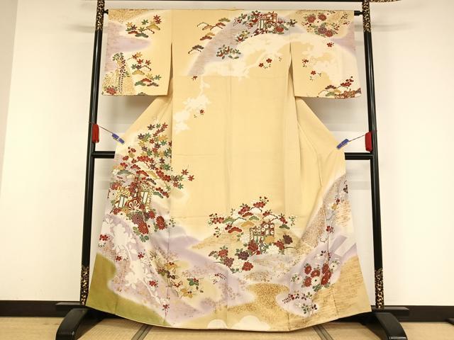 平和屋着物●訪問着　駒刺繍　御所車草花文　暈し染め　金彩　正絹　逸品　AAAZ3138np
