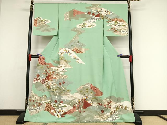 平和屋着物●訪問着　駒刺繍　霞飛鶴吉祥文　金糸　金彩　正絹　逸品　未使用　AAAZ3158np