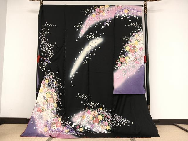 平和屋着物●豪華振袖　雪輪花文　暈し染め　黒地　金彩　仮絵羽　逸品　未使用　AAAZ3278np
