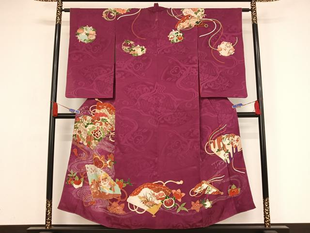 平和屋着物●アンティーク　大正ロマン　訪問着　駒刺繍　檜扇花文　金糸　金彩　正絹　逸品　AAAZ3284np