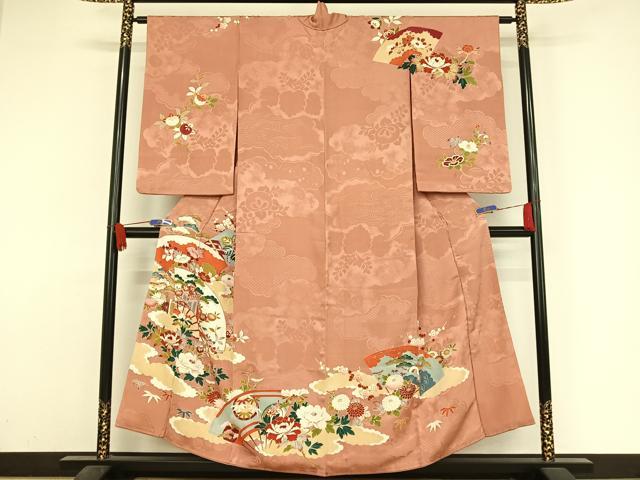 平和屋着物●アンティーク　大正ロマン　訪問着　駒刺繍　扇草花文　金糸　金彩　正絹　逸品　AAAZ3286np