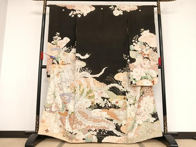平和屋着物●アンティーク　大正ロマン　振袖　鳳凰花文　黒地　正絹　逸品　AAAZ3292np