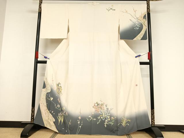 平和屋着物●友禅作家　岡部修治　訪問着　童子花文　暈し染め　正絹　逸品　AAAZ3359np