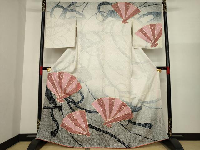 平和屋着物●訪問着　総絞り　駒刺繍　舞扇文　暈し染め　やまと誂製　正絹　逸品　AAAZ3752ck