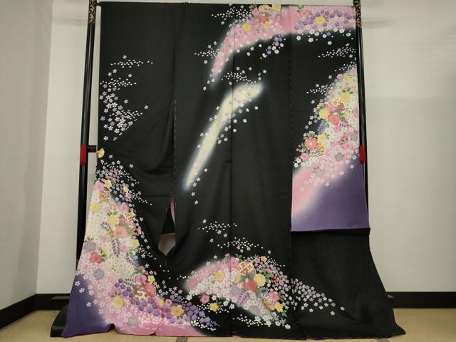 平和屋着物●豪華振袖　辻が花　雪輪花文　暈し染め　黒地　金彩　仮絵羽　逸品　未使用　AAAZ3772ck