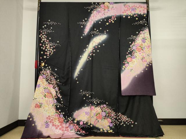 平和屋着物●豪華振袖　辻が花　雪輪花文　暈し染め　黒地　金彩　仮絵羽　逸品　未使用　AAAZ3831ck