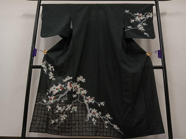 平和屋着物▽訪問着　単衣　桜　黒地　銀彩　洗える着物　AAAZ3972jh