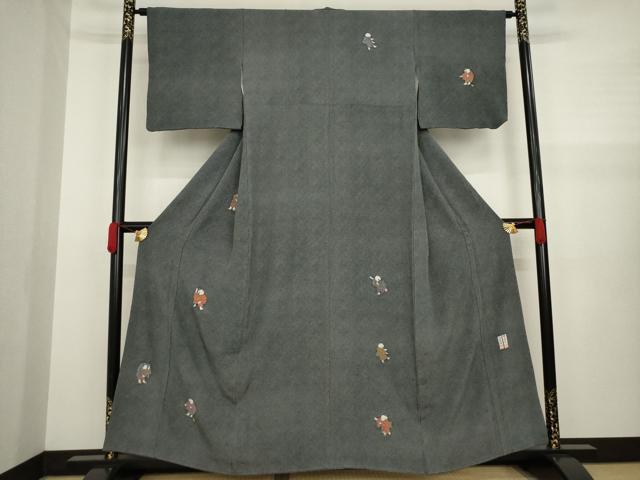 平和屋着物●初代　更藤　寺山存男　江戸小紋　訪問着　童子　鮫小紋柄　黒地　三越扱い　正絹　逸品　AAAZ4791ck