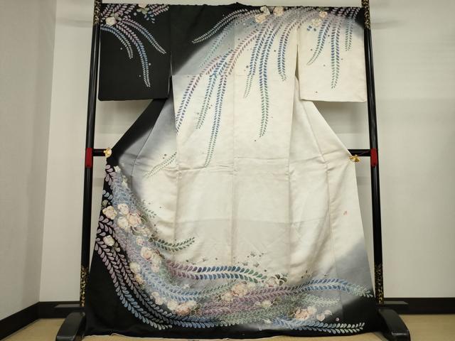 平和屋着物●訪問着　作家物　辻が花　絞り　舞花文　暈し染め　銀通し地　ロング丈　正絹　逸品　AAAZ4830ck