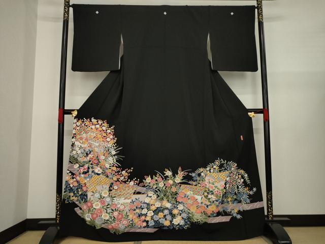 平和屋着物●本加賀友禅作家　押田正義　黒留袖　几帳花文　正絹　逸品　AAAZ4837ck