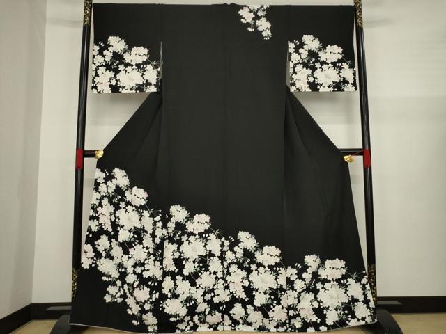 平和屋着物●訪問着　枝花文　黒地　銀彩　銀通し地　正絹　逸品　AAAZ4868ck