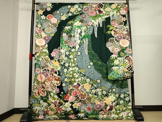 平和屋着物●豪華振袖　駒刺繍　吉祥花文　金彩　ロング丈　正絹　逸品　AAAZ4870ck