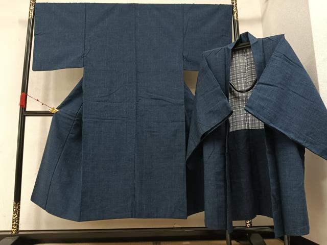 平和屋着物●男性　紬　アンサンブル　藍鉄色　正絹　逸品　AAAZ4914ph