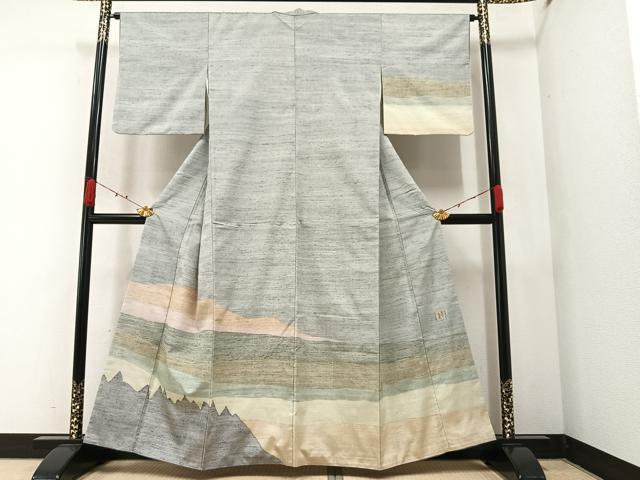 平和屋着物●能州紬　絲藝苑　上島洋山　訪問着　作家物　紬地　海草染　重ね山文　正絹　逸品　AAAZ4917ph