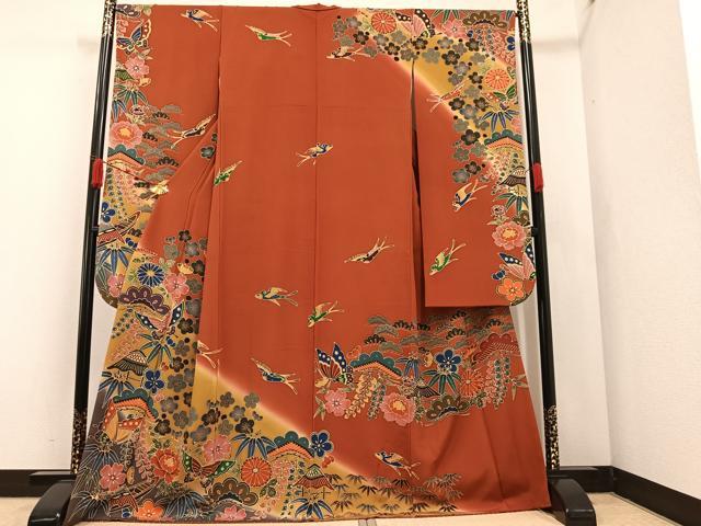 平和屋着物●紅型　振袖　花鳥舞蝶文　暈し染め　正絹　逸品　AAAZ4958ph