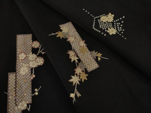 平和屋着物●上質な小紋　短冊花文　黒地　金彩　正絹　逸品　未使用　AAAZ5033ck