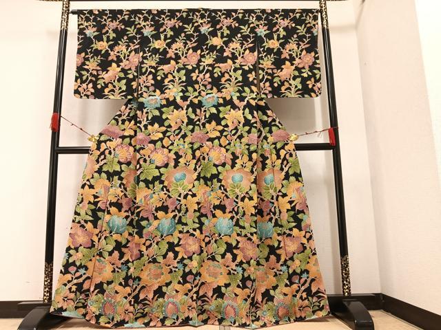 平和屋着物●訪問着　更紗枝花文　黒地　正絹　逸品　未使用　AAAZ5074ph
