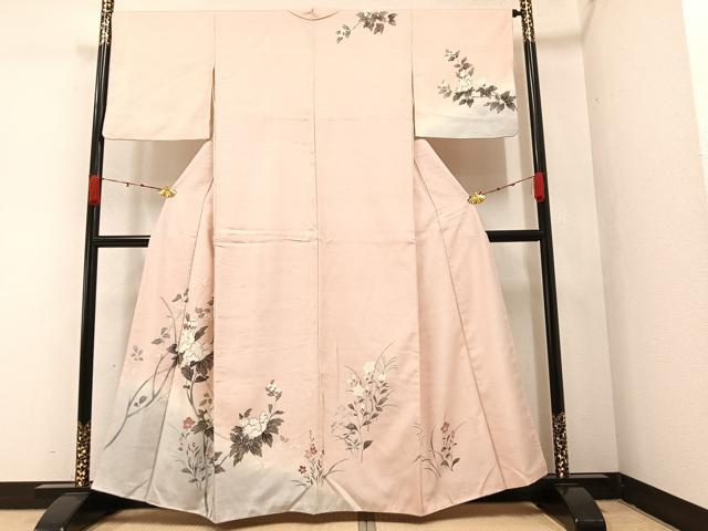 平和屋着物●訪問着　紬地　草花文　暈し染め　正絹　逸品　AAAZ5100ph