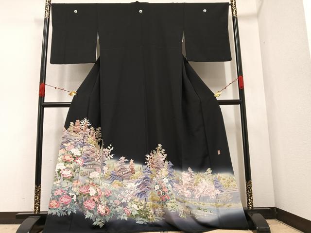 平和屋着物●十日町友禅作家　岡村蒼風　黒留袖　風景草花文　暈し染め　正絹　逸品　AAAZ5107ph