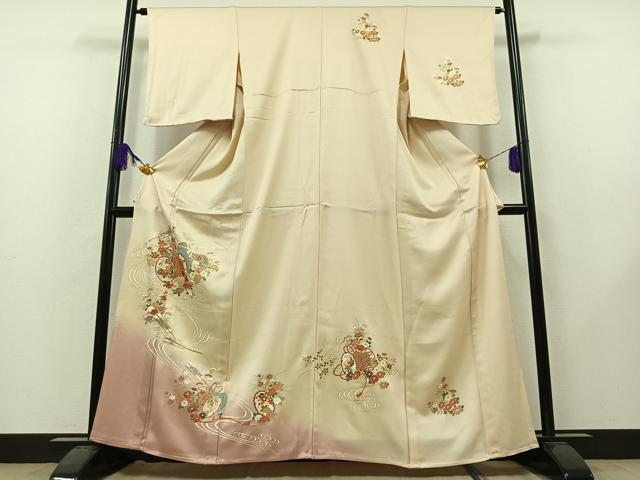 平和屋着物▽訪問着　単衣　流水鼓花文　暈し染め　金彩　正絹　逸品　未使用　AAAZ5688jh