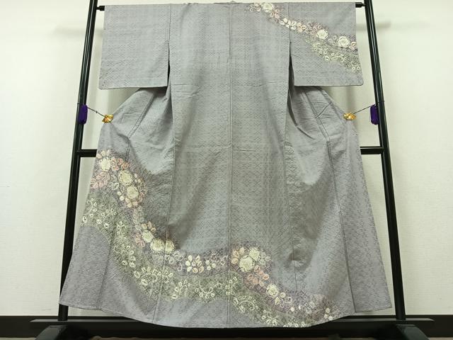 平和屋着物▽訪問着　単衣　紬地　花織　絞り　辻が花　正絹　逸品　AAAZ5698jh