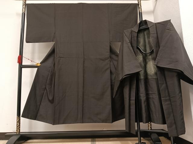 平和屋着物●男性　紬　アンサンブル　赤墨色　正絹　逸品　AAAZ6839ph