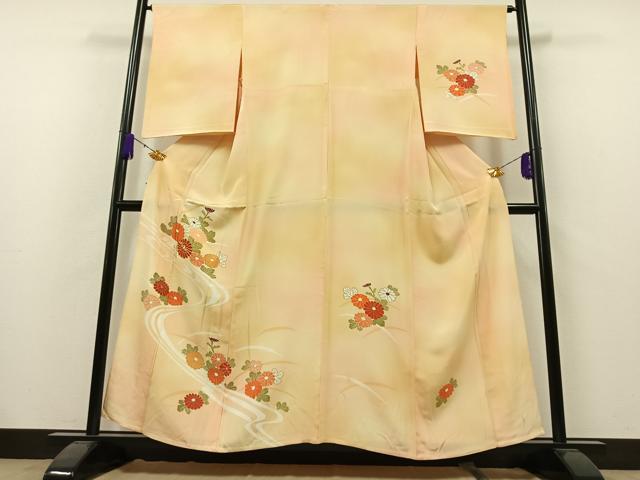 平和屋着物▽訪問着　単衣　駒刺繍　流水菊文　暈し染め　金糸　正絹　逸品　AAAZ7133jh