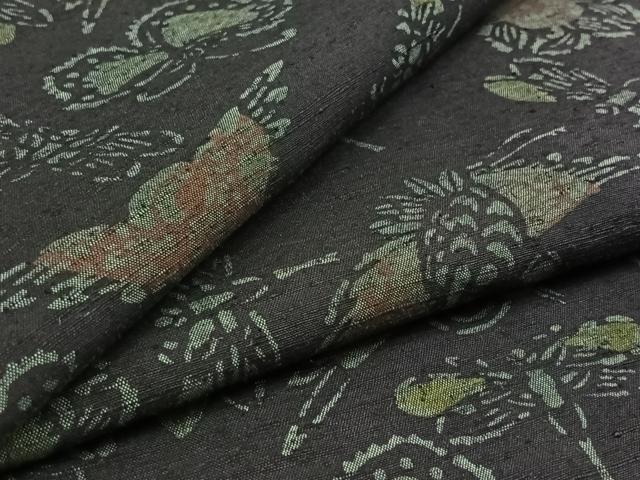 平和屋着物▽上質な紬　単衣　型染め　鶴　勝虫　正絹　逸品　AAAZ7144jh