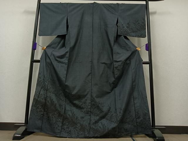 平和屋着物▽訪問着　単衣　紬地　草花文　正絹　逸品　AAAZ7155jh