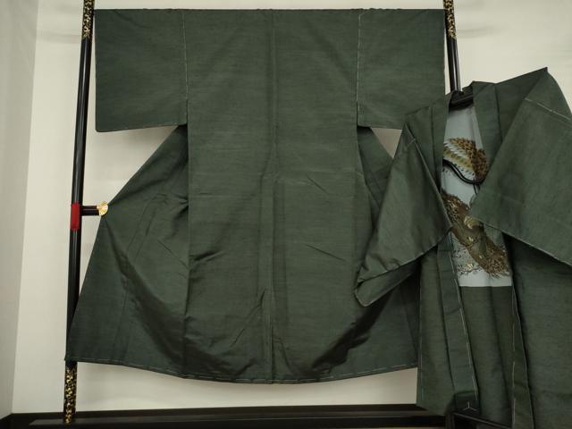 平和屋着物●男性　紬　アンサンブル　色無地　千歳緑色　正絹　逸品　AAAZ7161ck