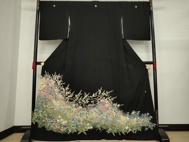 平和屋着物●本加賀友禅作家　浅野冨治男　黒留袖　枝花文　正絹　逸品　AAAZ7184ck