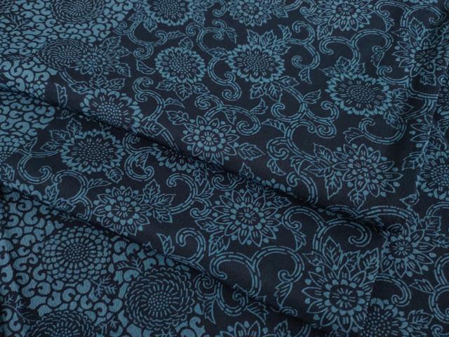 平和屋着物●上質な小紋　藍　型染め　花唐草文　ロング丈　正絹　逸品　AAAZ7227ck