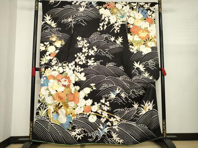 平和屋着物●豪華振袖　立波花文　黒地　金彩　正絹　逸品　AAAZ7239ck