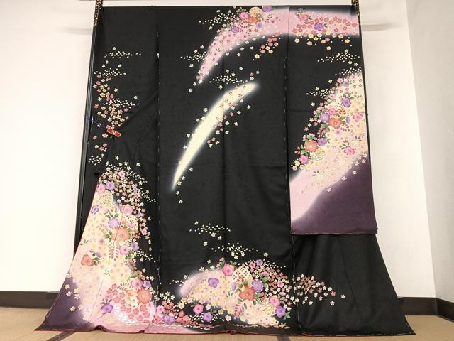 平和屋着物●豪華振袖　雪輪花文　暈し染め　黒地　金彩　仮絵羽　逸品　未使用　AAAZ7297zg