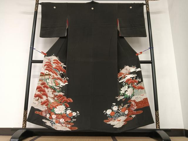 平和屋着物●アンティーク　大正ロマン　黒留袖　駒刺繍　渡り橋風景花文　両褄　金彩　正絹　逸品　AAAZ7309zg