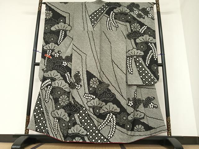 平和屋着物●豪華振袖　絞り　花松文　黒地　正絹　逸品　AAAZ7377zg