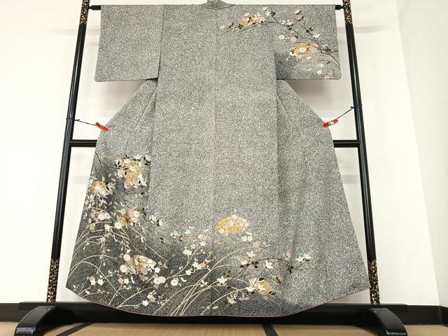 平和屋着物●訪問着　地紙枝花文　たたき染め　黒地　金彩　正絹　逸品　AAAZ7428zg