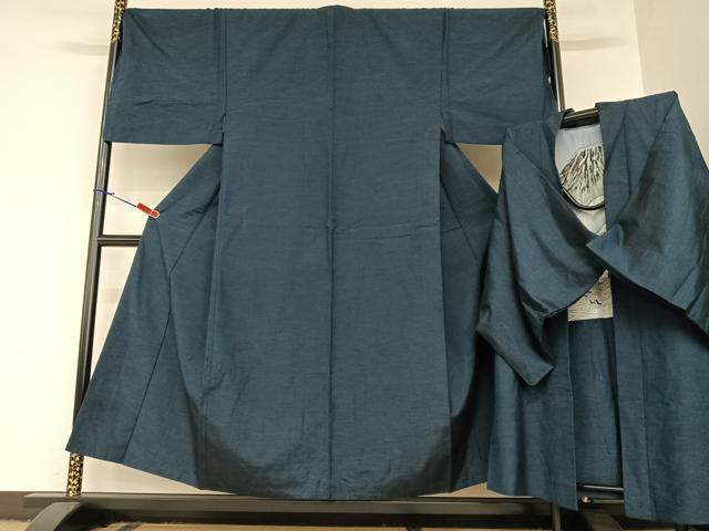 平和屋着物●男性　紬　アンサンブル　色無地　濃藍色　キングサイズ　正絹　逸品　AAAZ7514zg