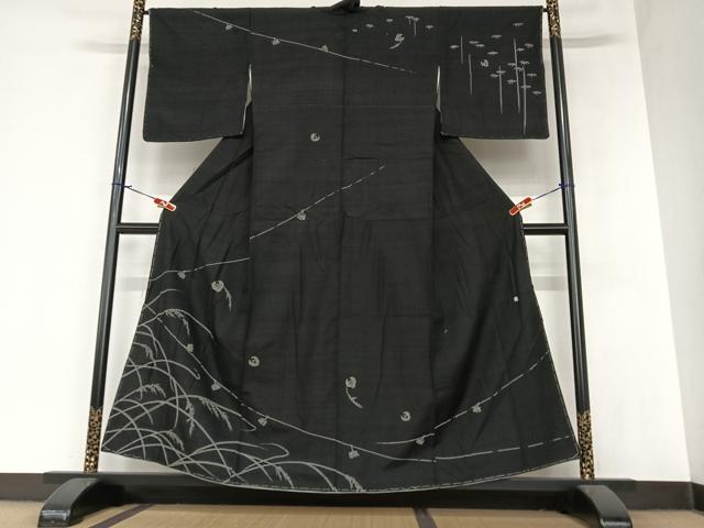 平和屋着物●上質な紬　訪問着　作家物　刺繍　刺し子　稲穂にふくら雀　黒地　正絹　逸品　AAAZ7569zg