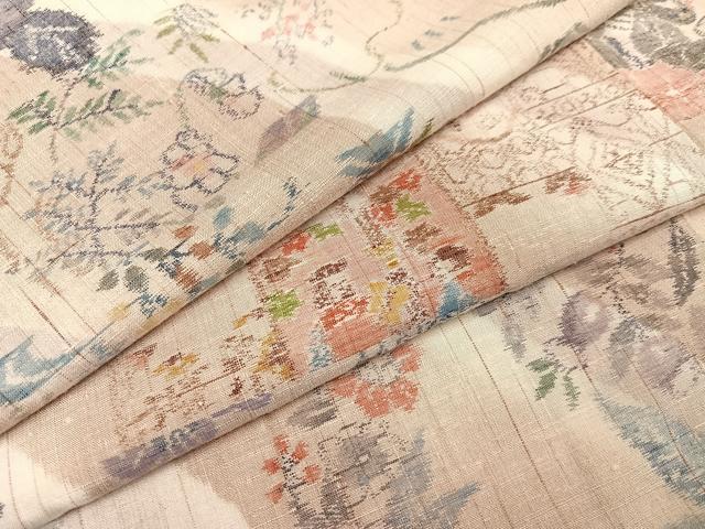 平和屋着物●小千谷紬　人物草花文　正絹　逸品　AAAZ7662ph
