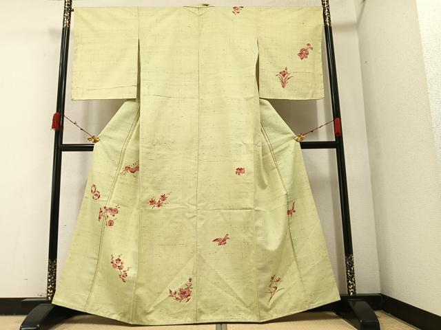 平和屋着物●訪問着　紬地　型染め　花鳥文　金彩　正絹　逸品　未使用　AAAZ7678ph