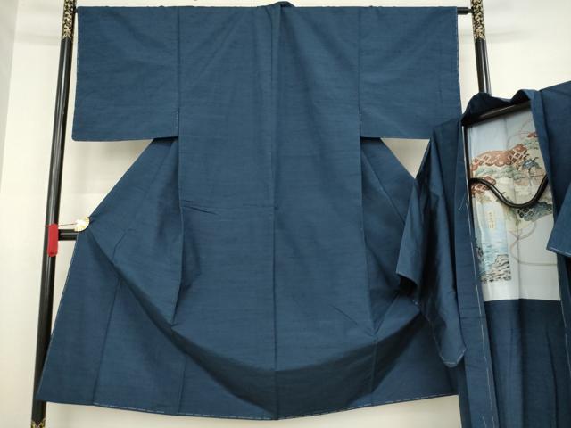 平和屋着物●男性　紬　アンサンブル　網代織　色無地　藍鉄色　正絹　逸品　未使用　AAAZ8087ck