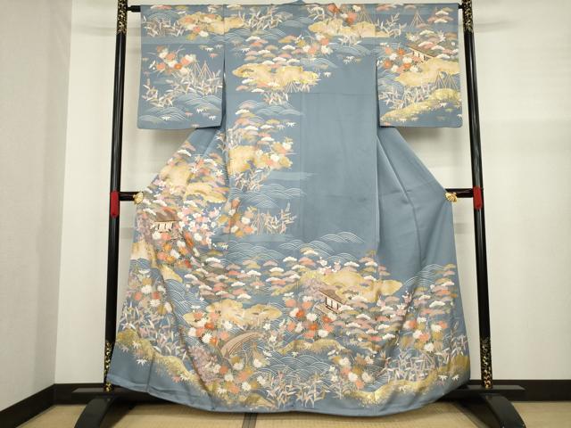 平和屋着物●訪問着　駒刺繍　風景花文　金彩　正絹　逸品　AAAZ8094ck