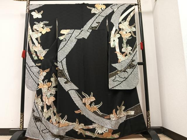 平和屋着物●豪華振袖　絞り　桐文　黒地　金銀彩　正絹　逸品　AAAZ8920ph