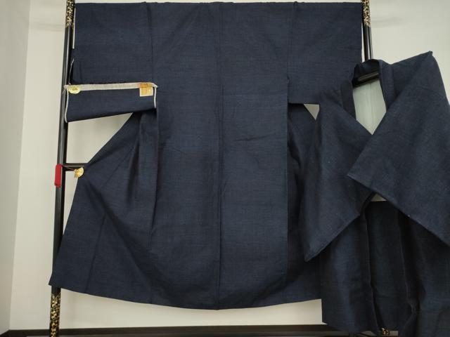 平和屋着物●男性　結城紬　アンサンブル　杢　色無地　藍鉄色　反端付き　正絹　逸品　AAAZ8945ck