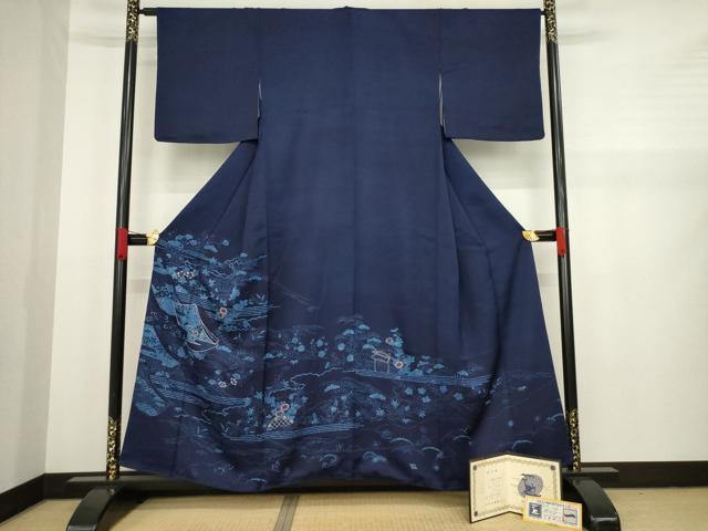 平和屋着物●藍造り国選定無形文化財　藍師・佐藤昭人　色留訪問着　駒刺繍　誰が袖風景花文　鴛鴦　認定書付き　正絹　逸品　AAAZ8955ck