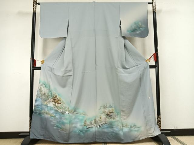 平和屋着物▽訪問着　単衣　作家物　螺鈿　手描き　京名所銀閣寺　暈し染め　金銀彩　正絹　逸品　AAAZ9024fy